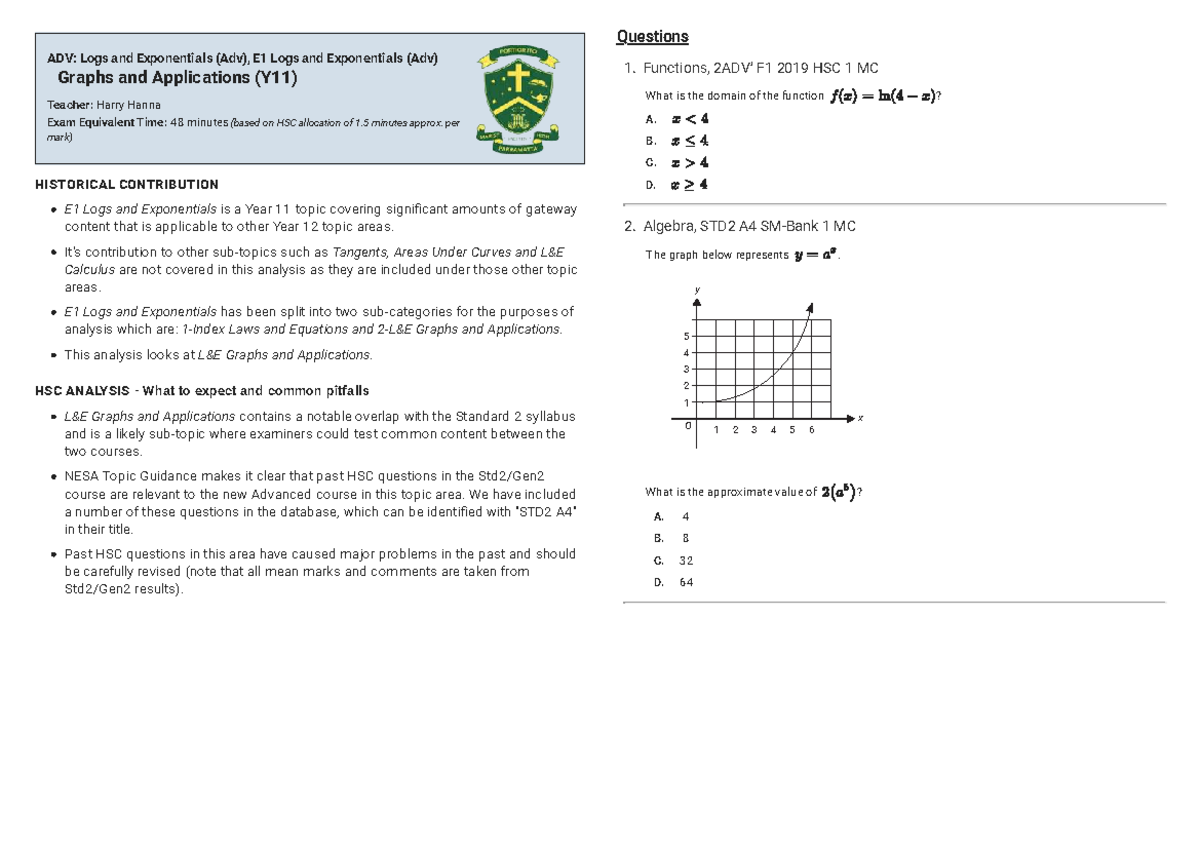 Graphs and Applications: E1 Logs and Exponentials (Adv) Study Guide ...