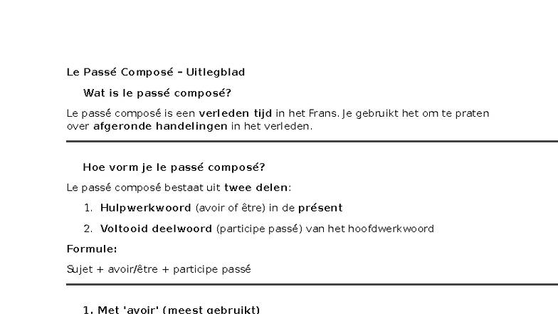 Le Passé Composé - Uitlegblad Frans Taal 101 - Studocu