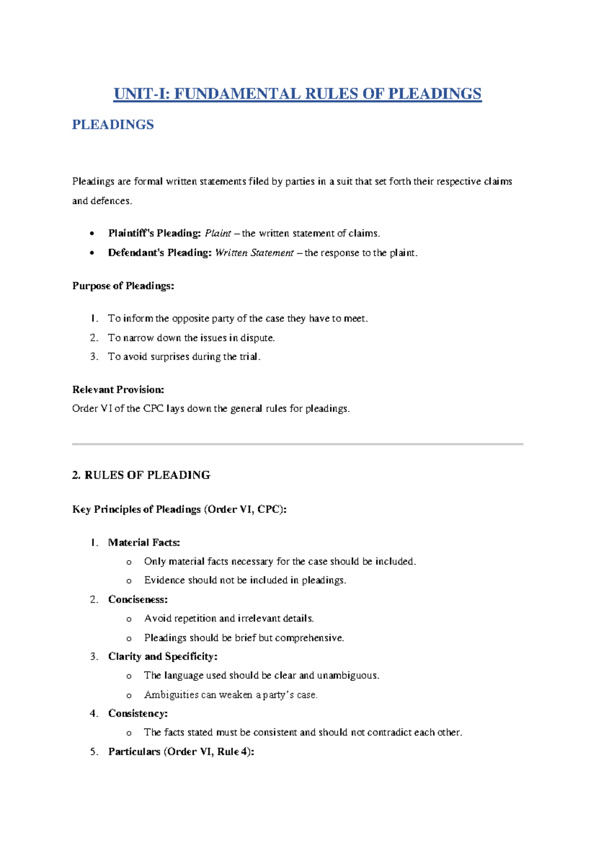 DPC-UNIT-1 - Fundamental Rules of Pleadings Notes & Drafts - Studocu