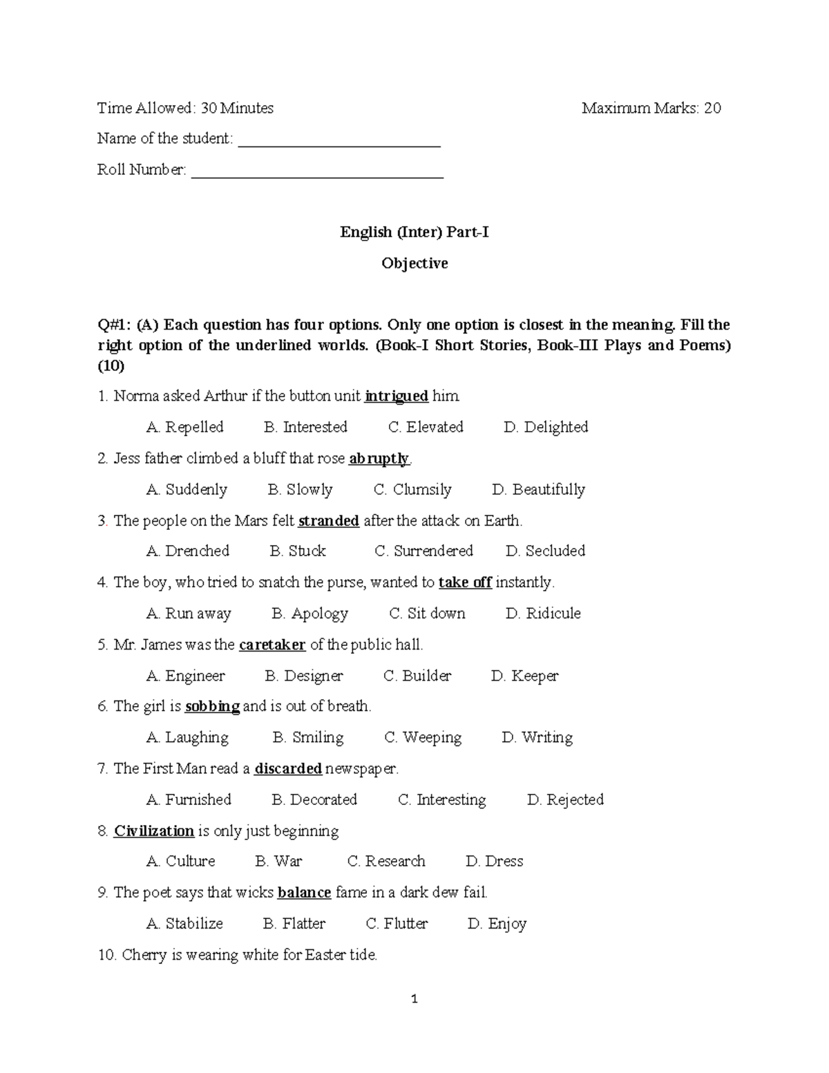 Inter Part 1 Objective - English paper Pattern - Time Allowed: 30 ...
