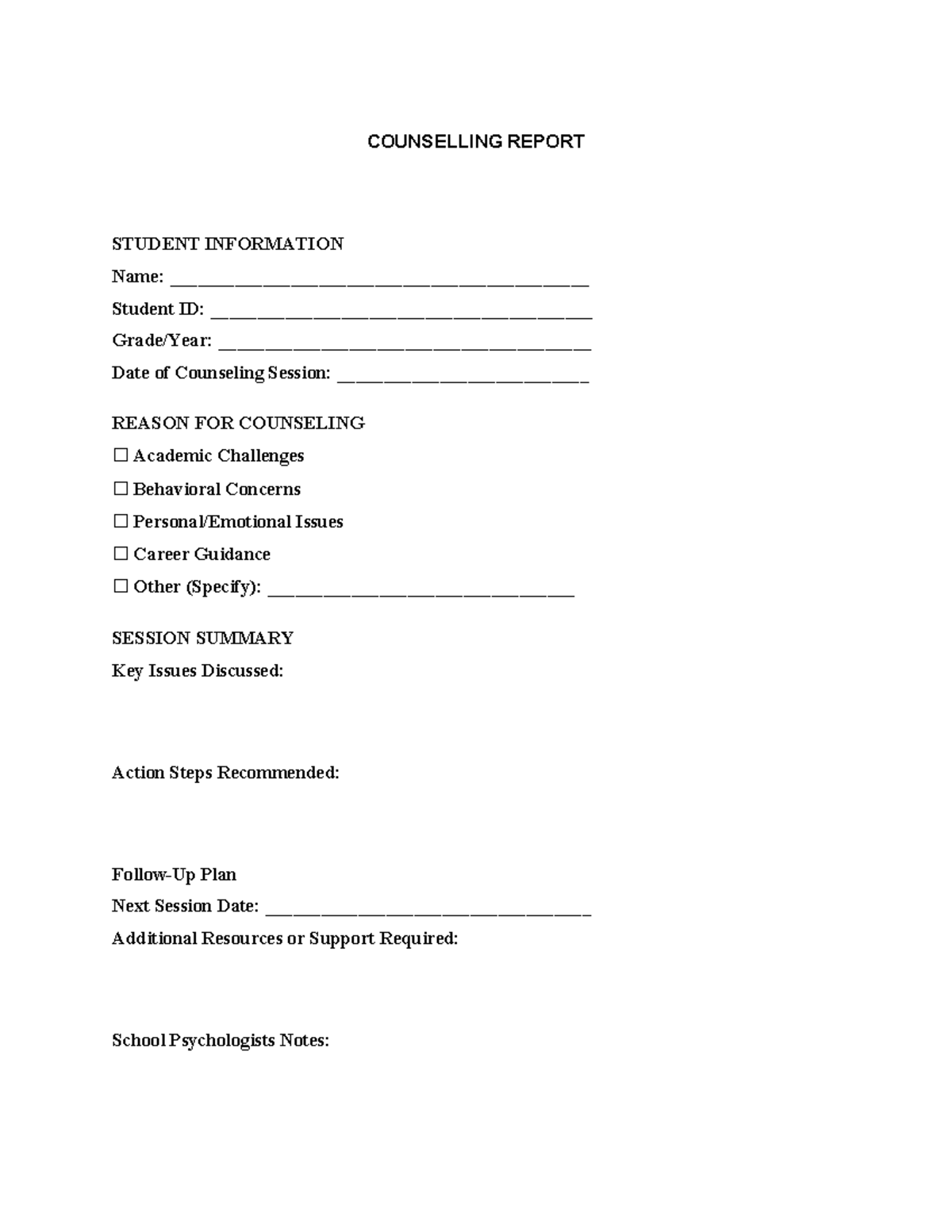 Counselling Report - information - COUNSELLING REPORT STUDENT ...