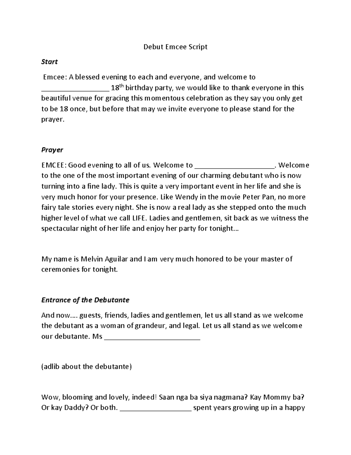 Debut Emcee Script for a Memorable 18th Birthday Celebration - Studocu