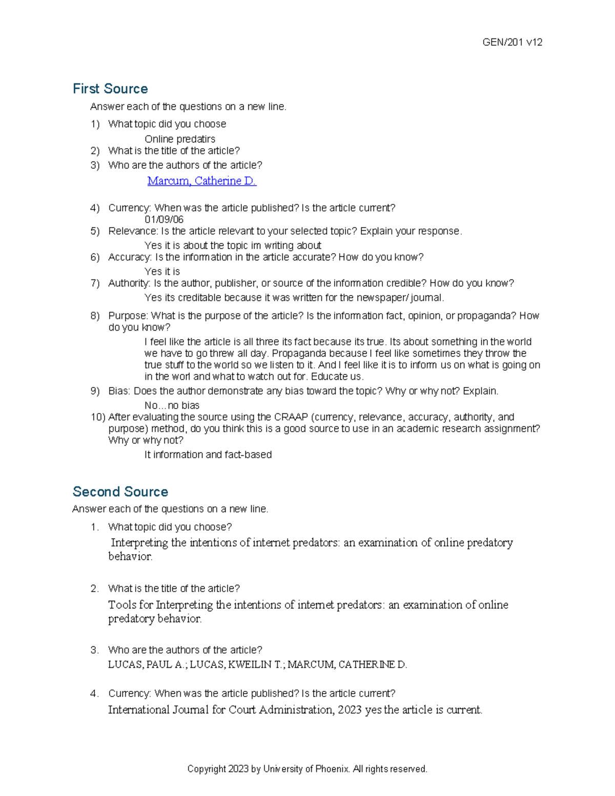 GEN/201 v: Evaluating Sources on Online Predators Using CRAAP Method ...