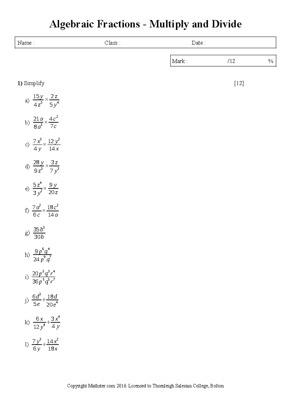 Algebraic Fractions: Multiplication & Division Exercises - 1 - Studocu