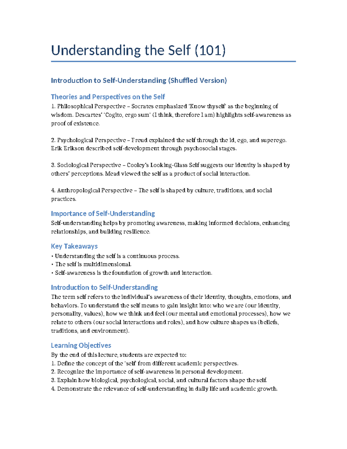 Understanding The Self 101 Lecture Notes Theories Perspectives