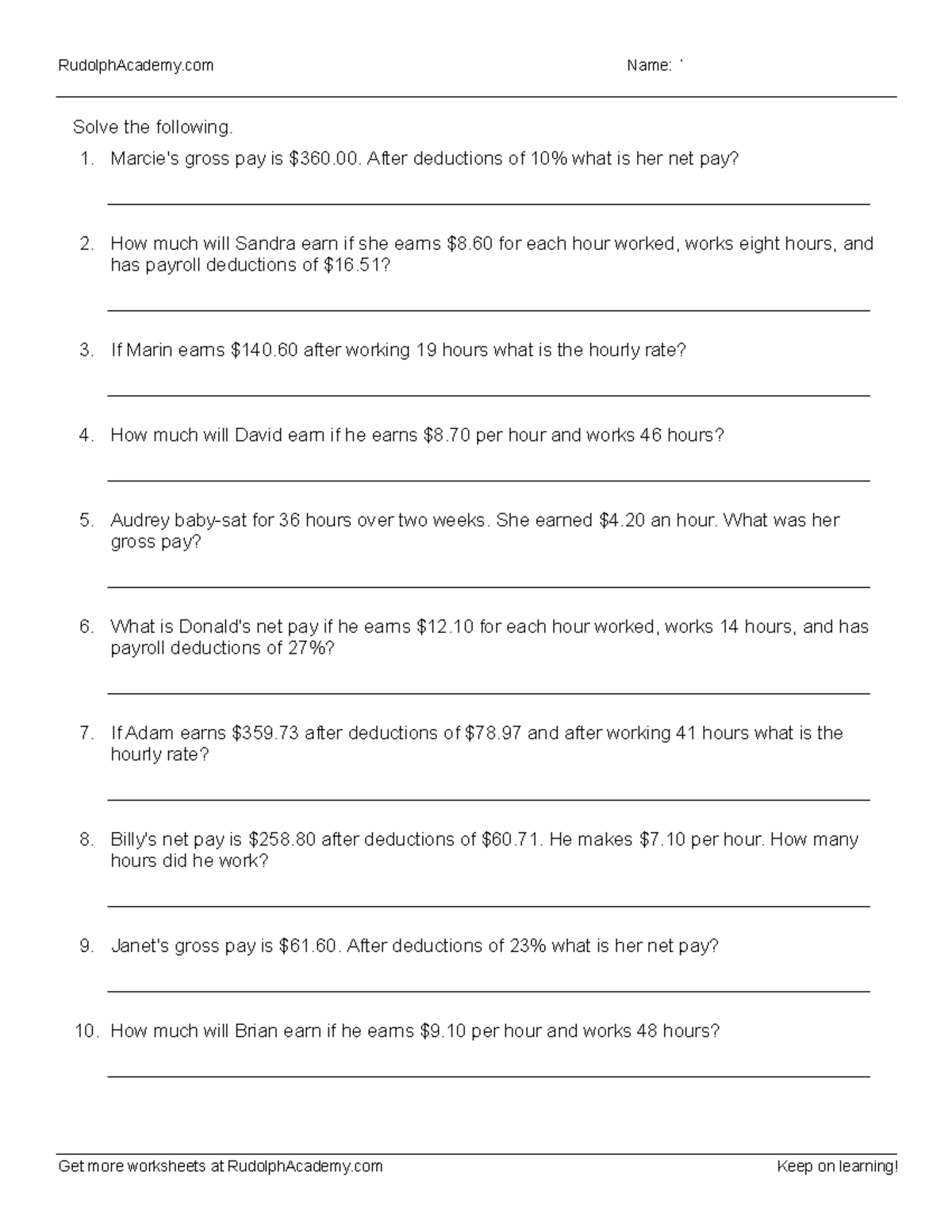 Wages Worksheet A - Calculating Gross and Net Pay Scenarios - Studocu