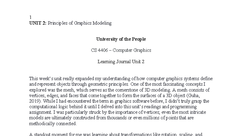 CS 4406 Learning Journal: Principles of Graphics Modeling Unit 2 - Studocu