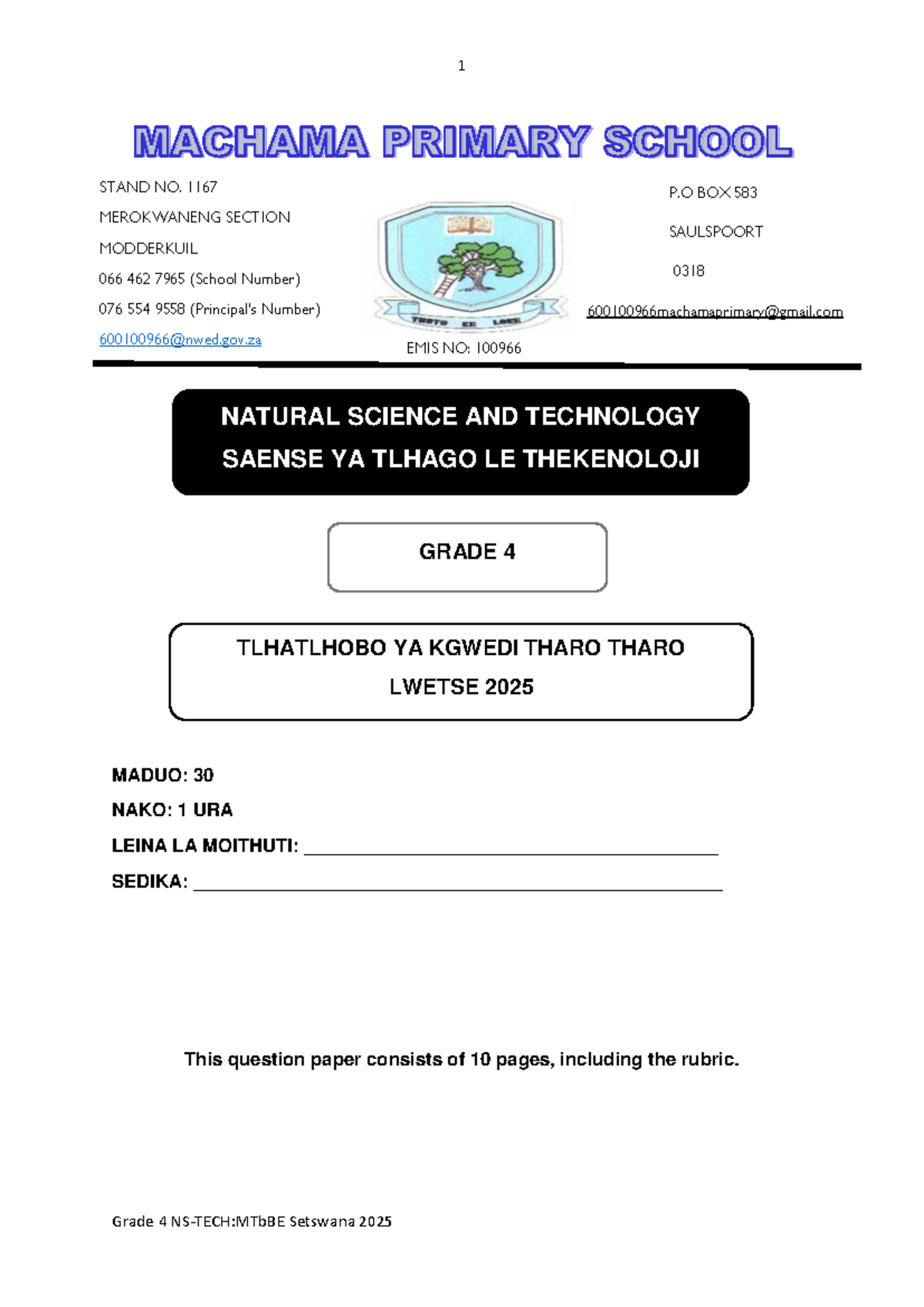 Grade 4 NS-TECH:MTbBE Setswana Test Notes 2025 - Studocu
