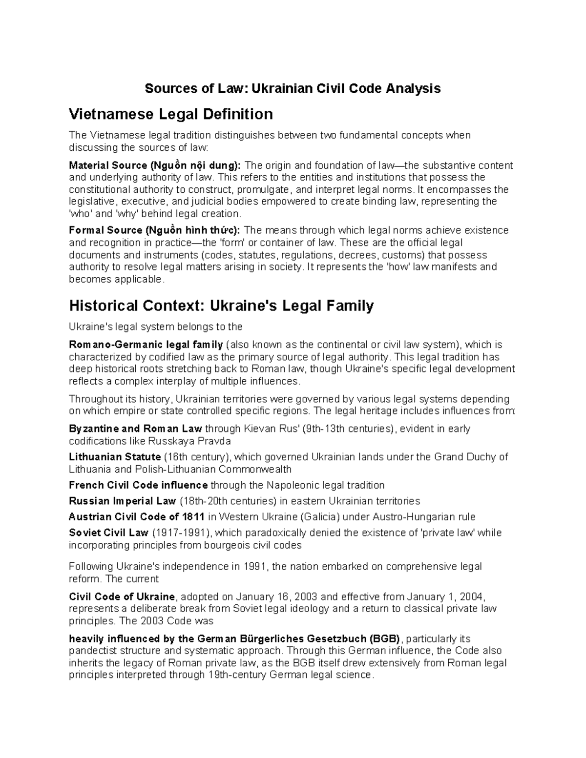 Ukrainian Civil Code Analysis: Sources of Law Overview (Course Code ...