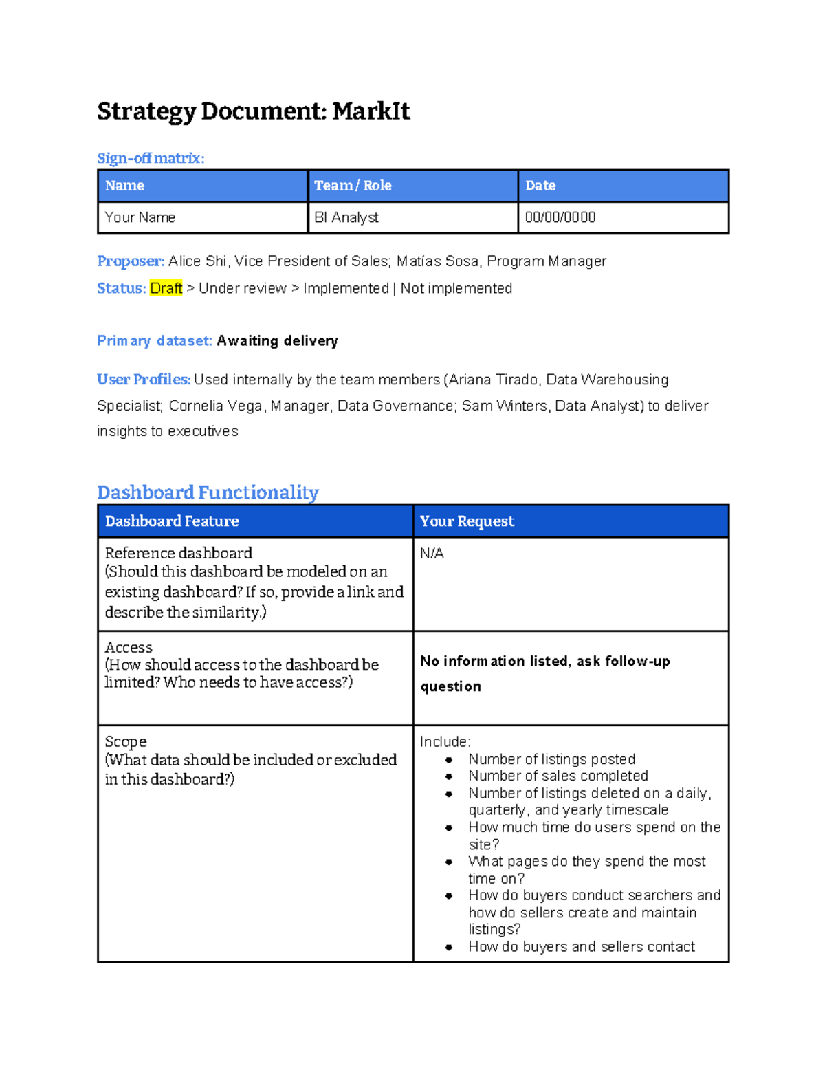 Strategy Document: MarkIt Matrix Overview for BI Analyst Team - Studocu