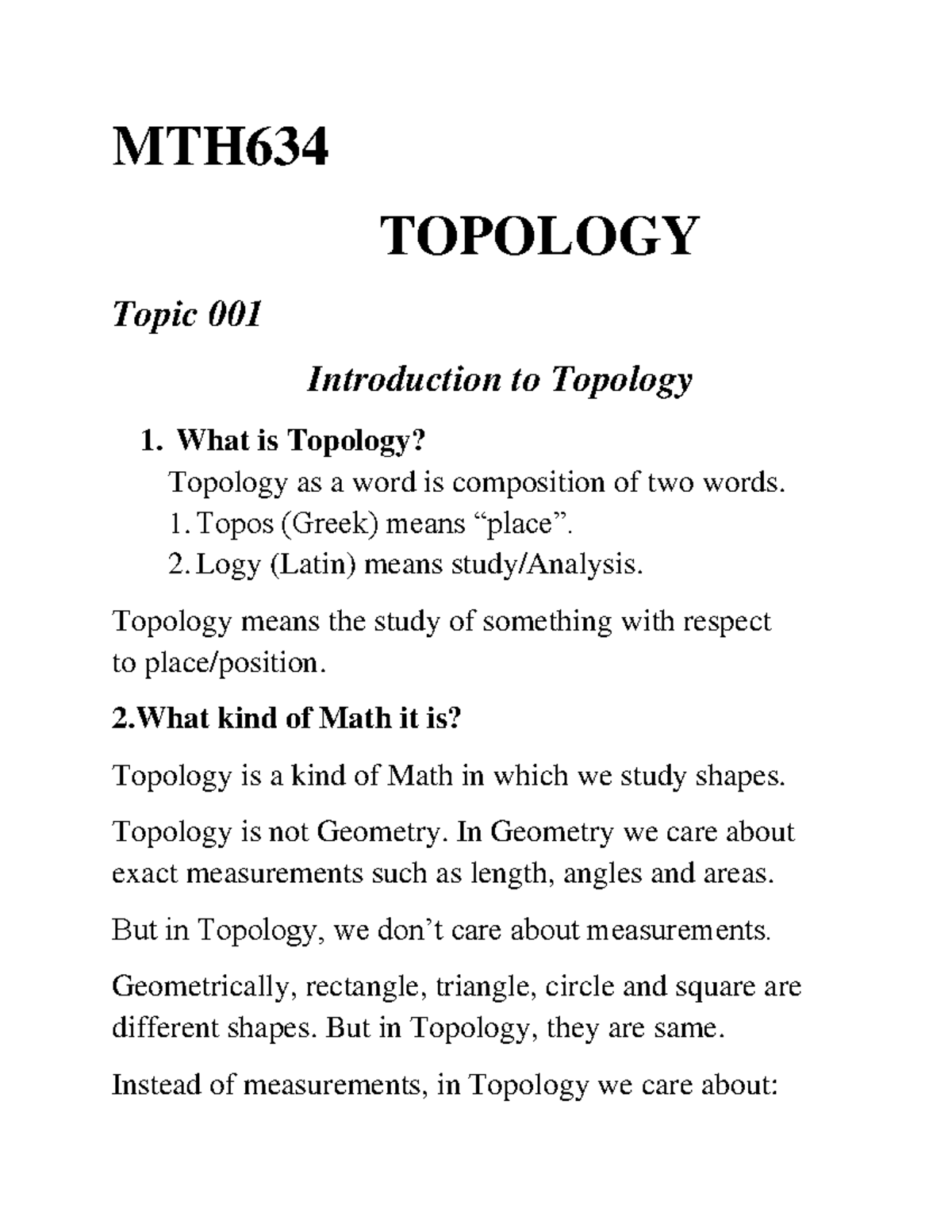 MTH634 TOPOLOGY Final Exam Notes: Introduction to Topology Concepts ...