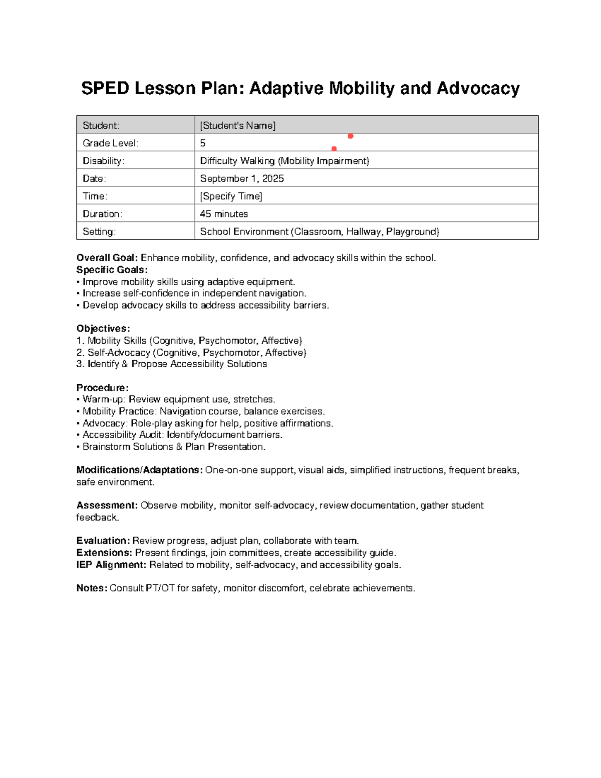 SPED Lesson Plan: Adaptive Mobility & Advocacy for Grade 5 - Studocu