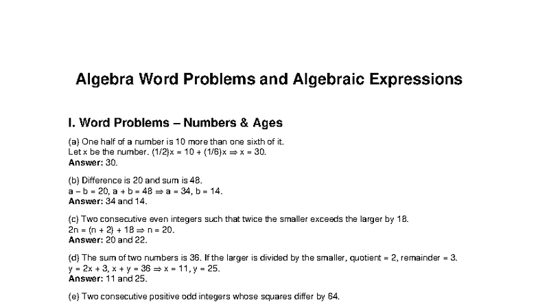 Algebra Word Problems & Expressions I: Ages & Integers - Studocu
