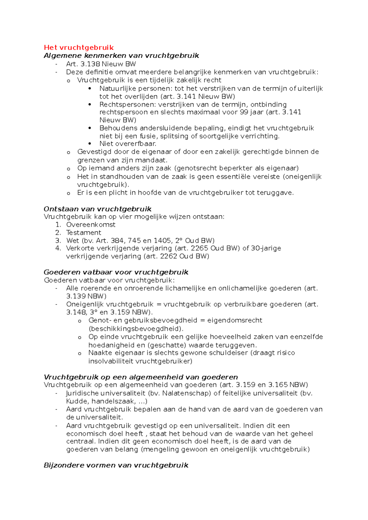 Vruchtgebruik: Algemene Kenmerken en Regels (Art. 3.138 Nieuw BW) - Studocu