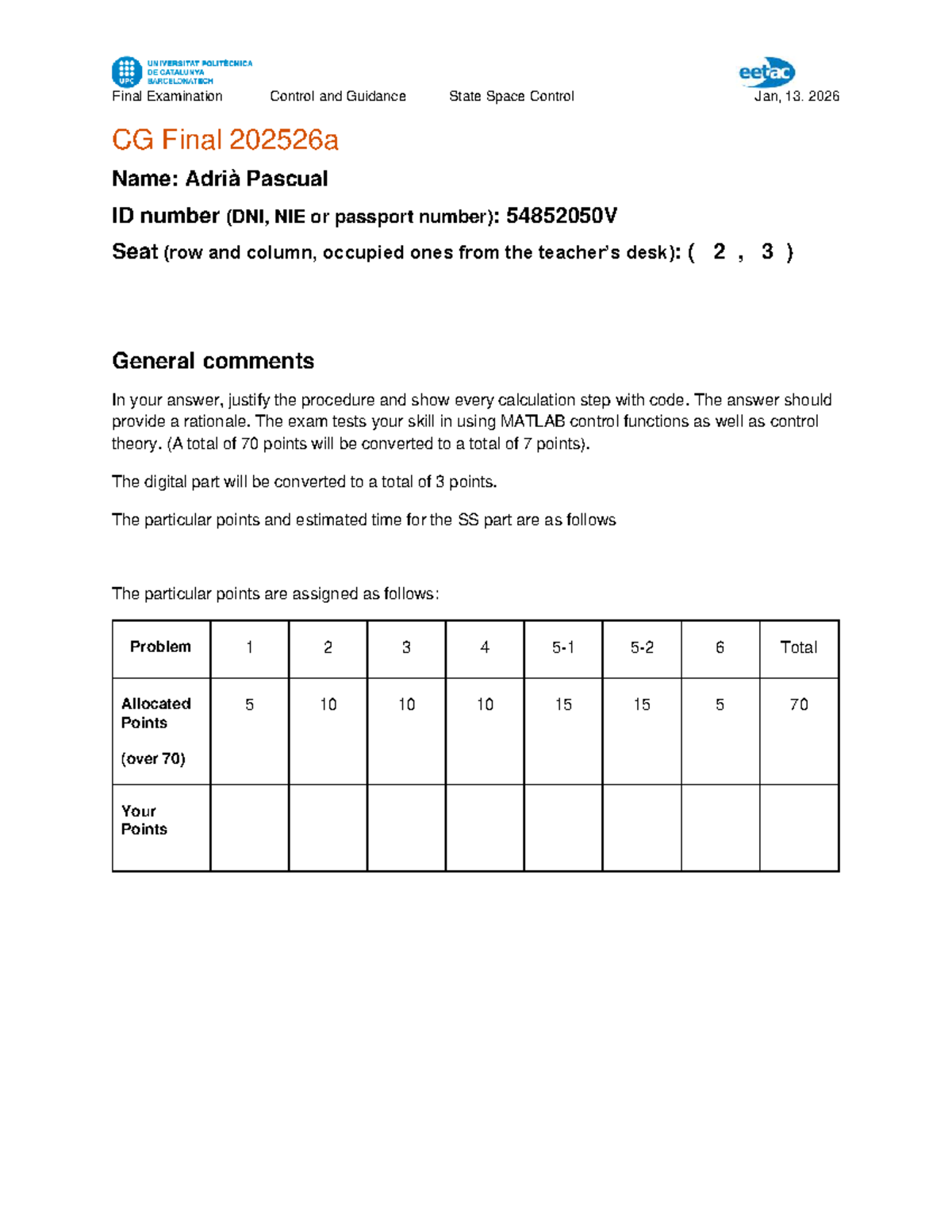 Final Exam CG202526: State Space Control for UAV Flight Dynamics - Studocu