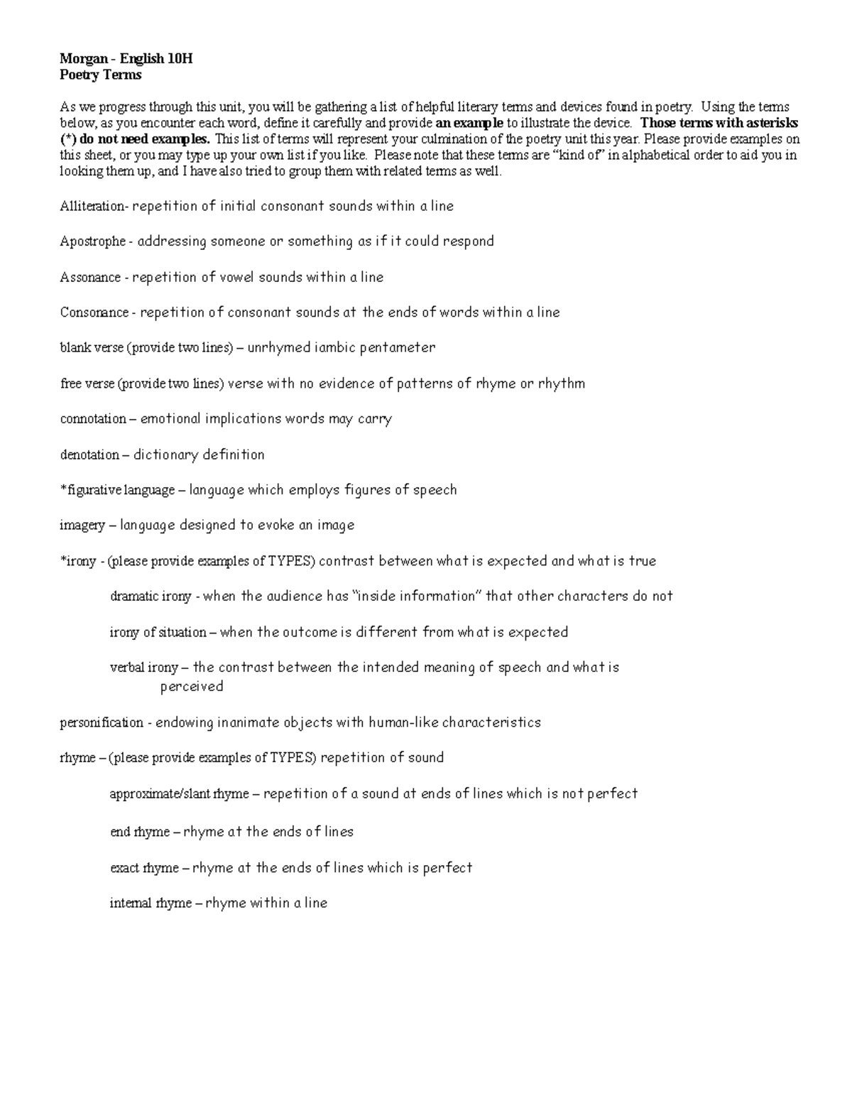 Morgan English 10H Poetry Terms & Definitions Guide - Studocu