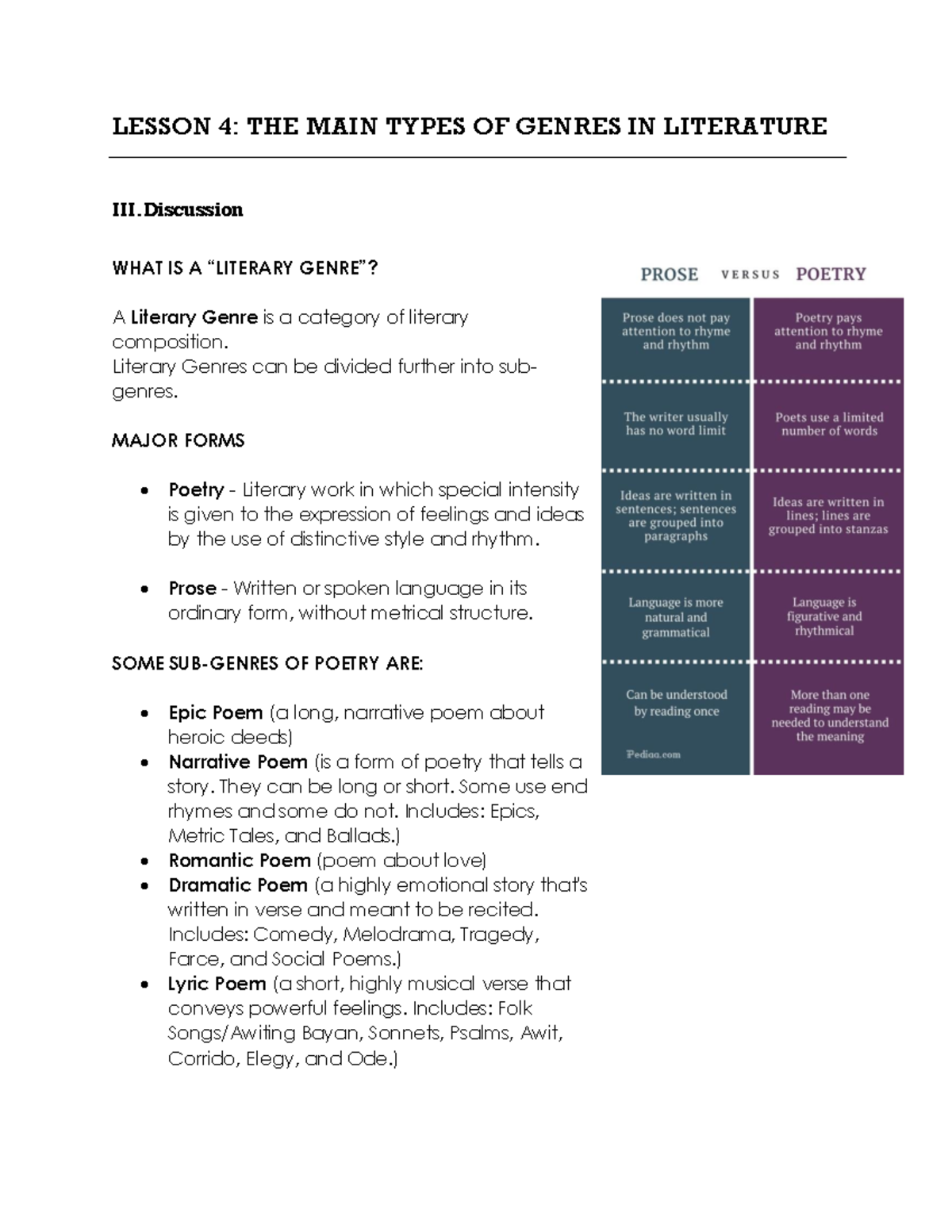L4 LITT Handout - THE MAIN TYPES OF GENRES IN LITERATURE - LESSON 4 ...