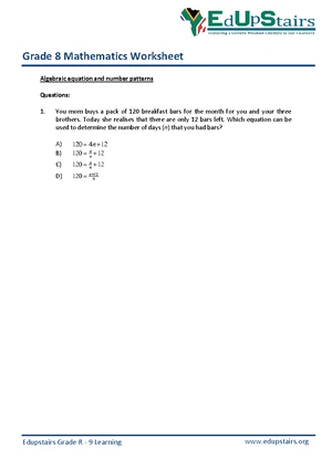 Grade 8 Math Worksheet: Algebraic Equations & Expressions - Studocu