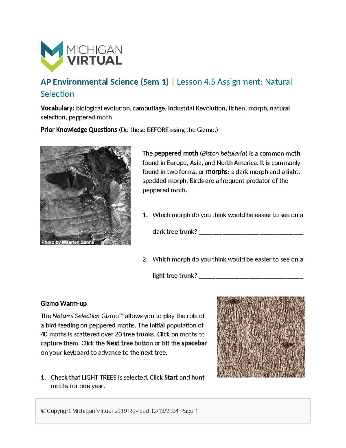 4.5 Assignment Natural Selection - AP Environmental Science (Sem 1 ...