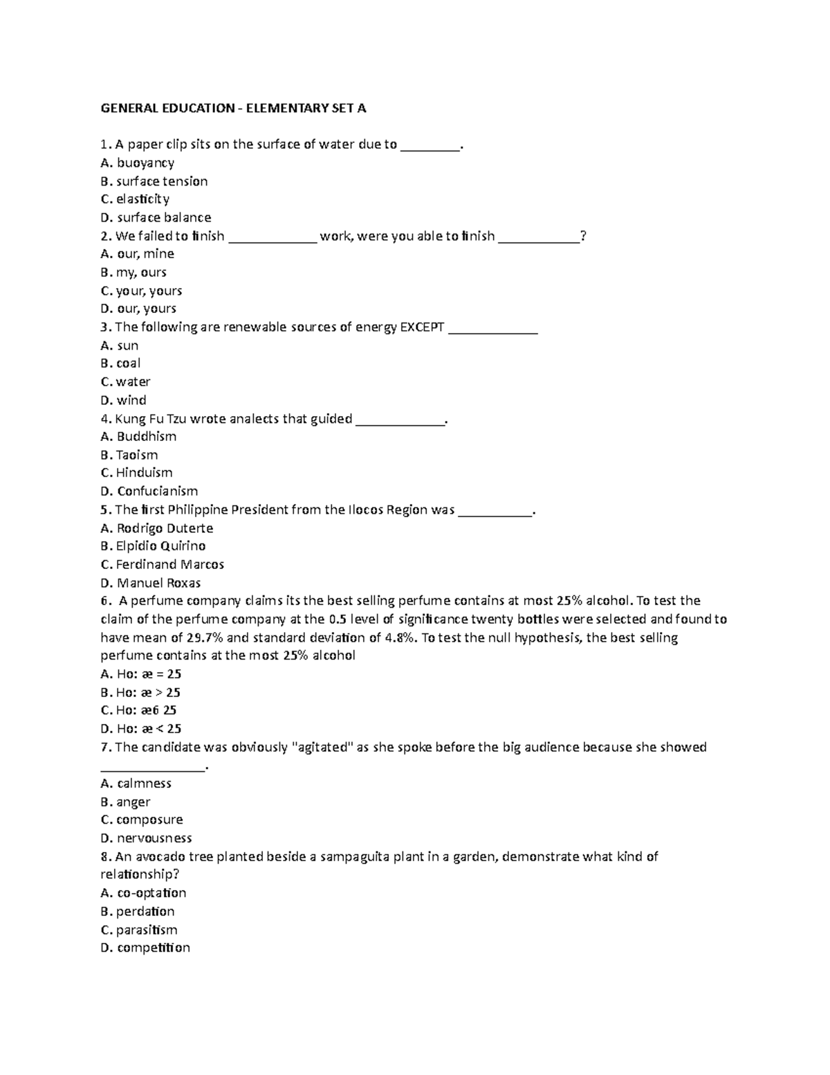 General Education Exam Set A - Answer Key (Sep 2021) - Studocu