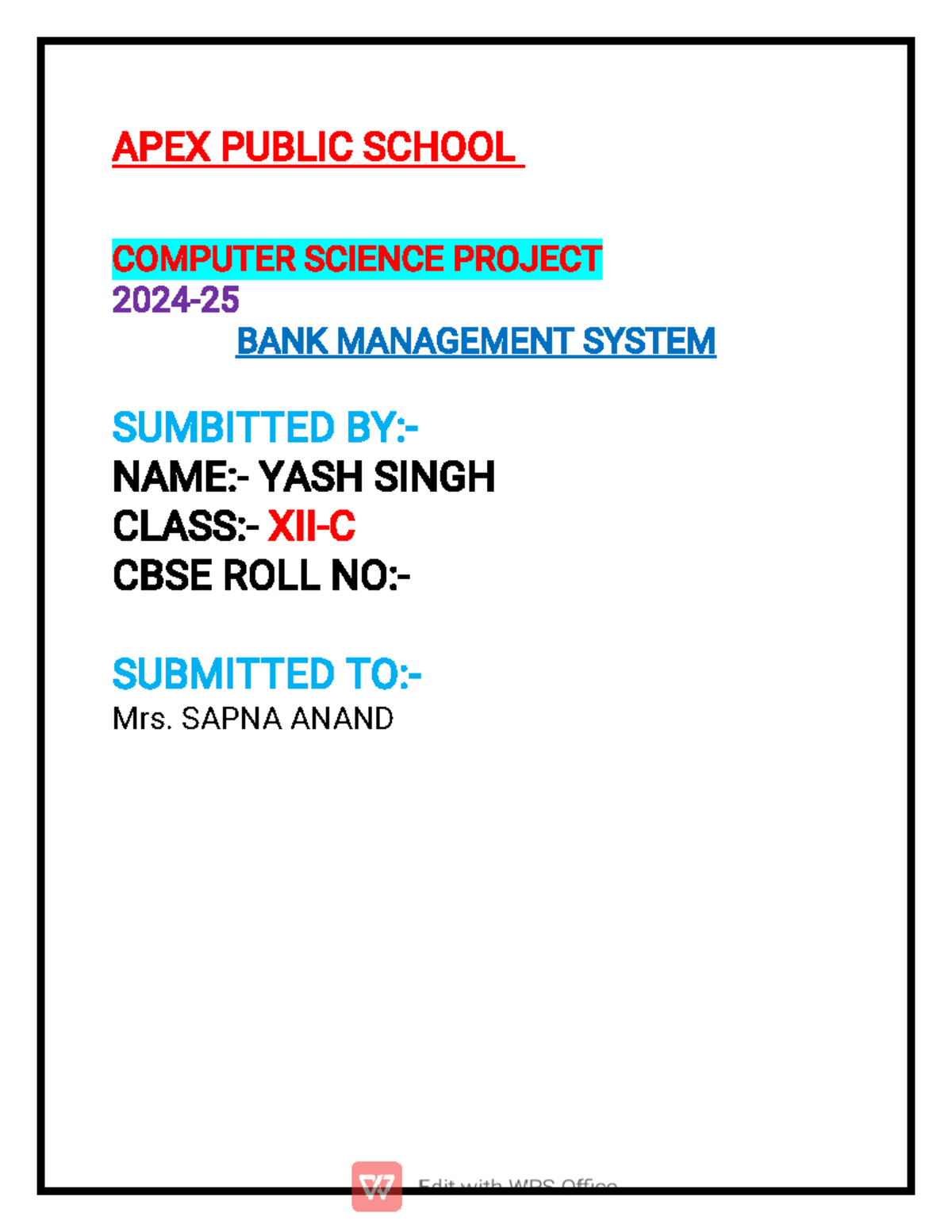 CS Project BANK Management System 2023 24 - ####### APEX PUBLIC SCHOOL COMPUTER SCIENCE PROJECT ...