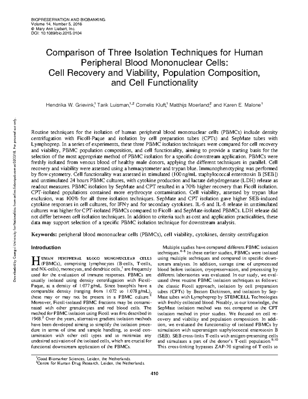 Comparison of PBMC Isolation Techniques: Ficoll, CPT, and SepMate - Studocu
