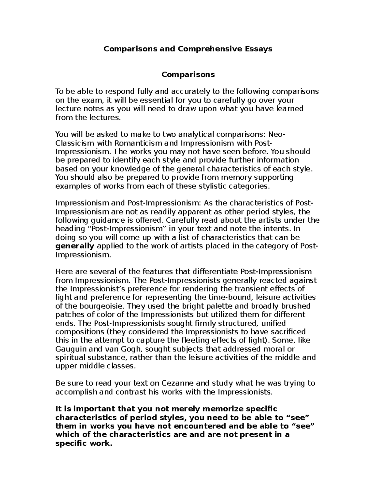 Comparisons and Comprehensive Essays - Studocu