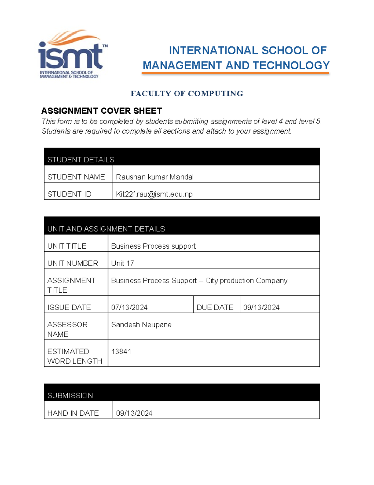 Business process Support Assignment- roshan - INTERNATIONAL SCHOOL OF ...