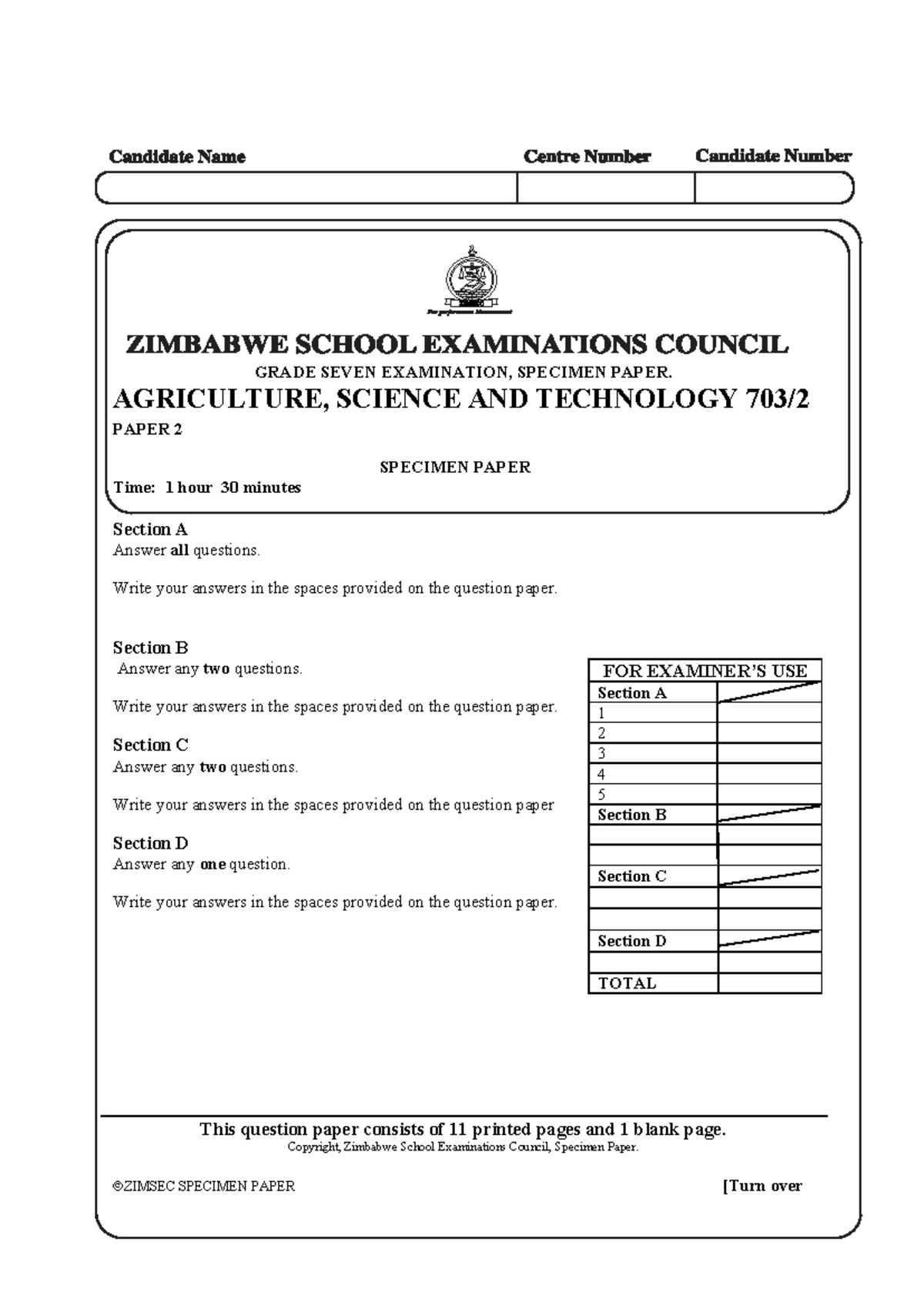 703q02 Specimen Paper - Grade 7 Agriculture Science Exam - Studocu