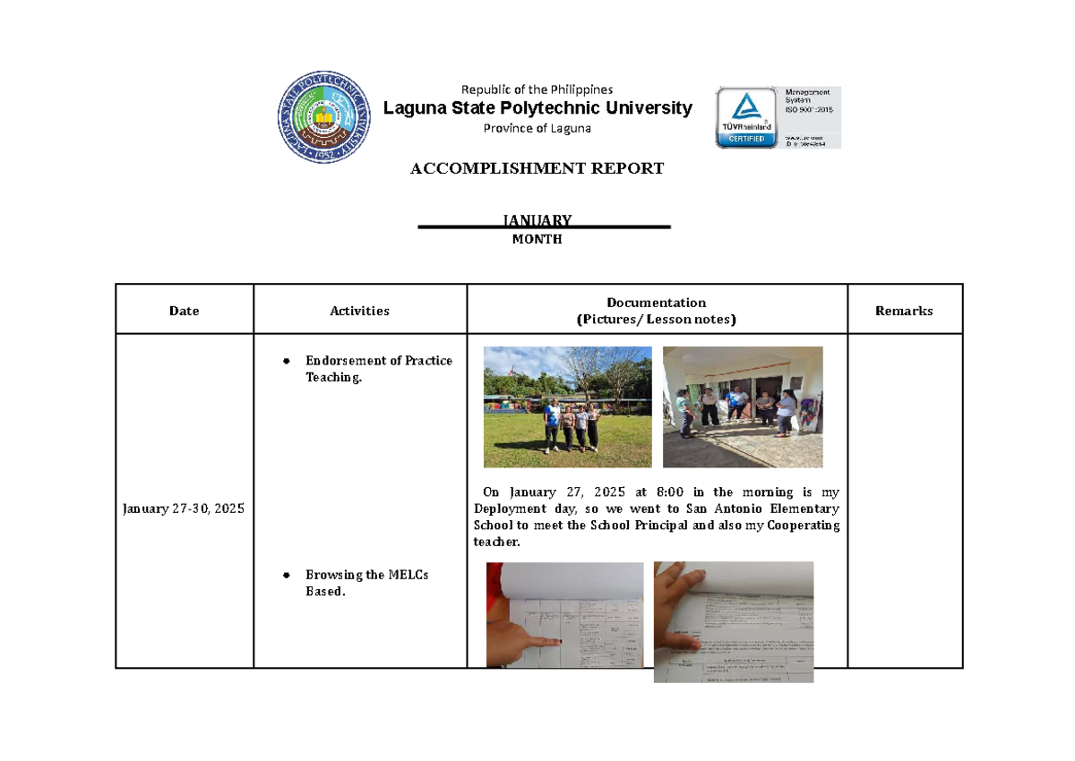 ACCOMPLISHMENT REPORT: JAN 2025 Practice Teaching Activities - Studocu