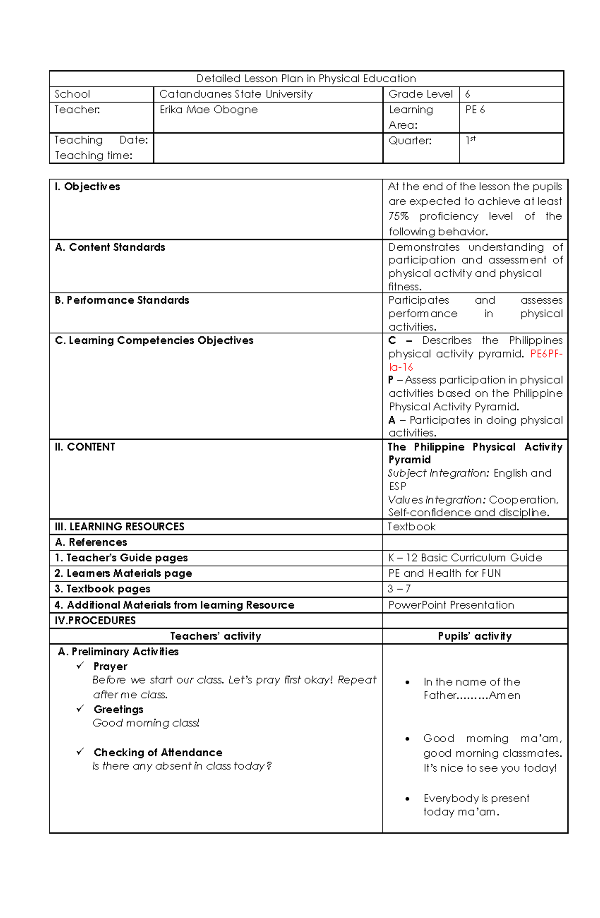 Detailed Lesson Plan for PE 6 - Understanding the Physical Activity ...