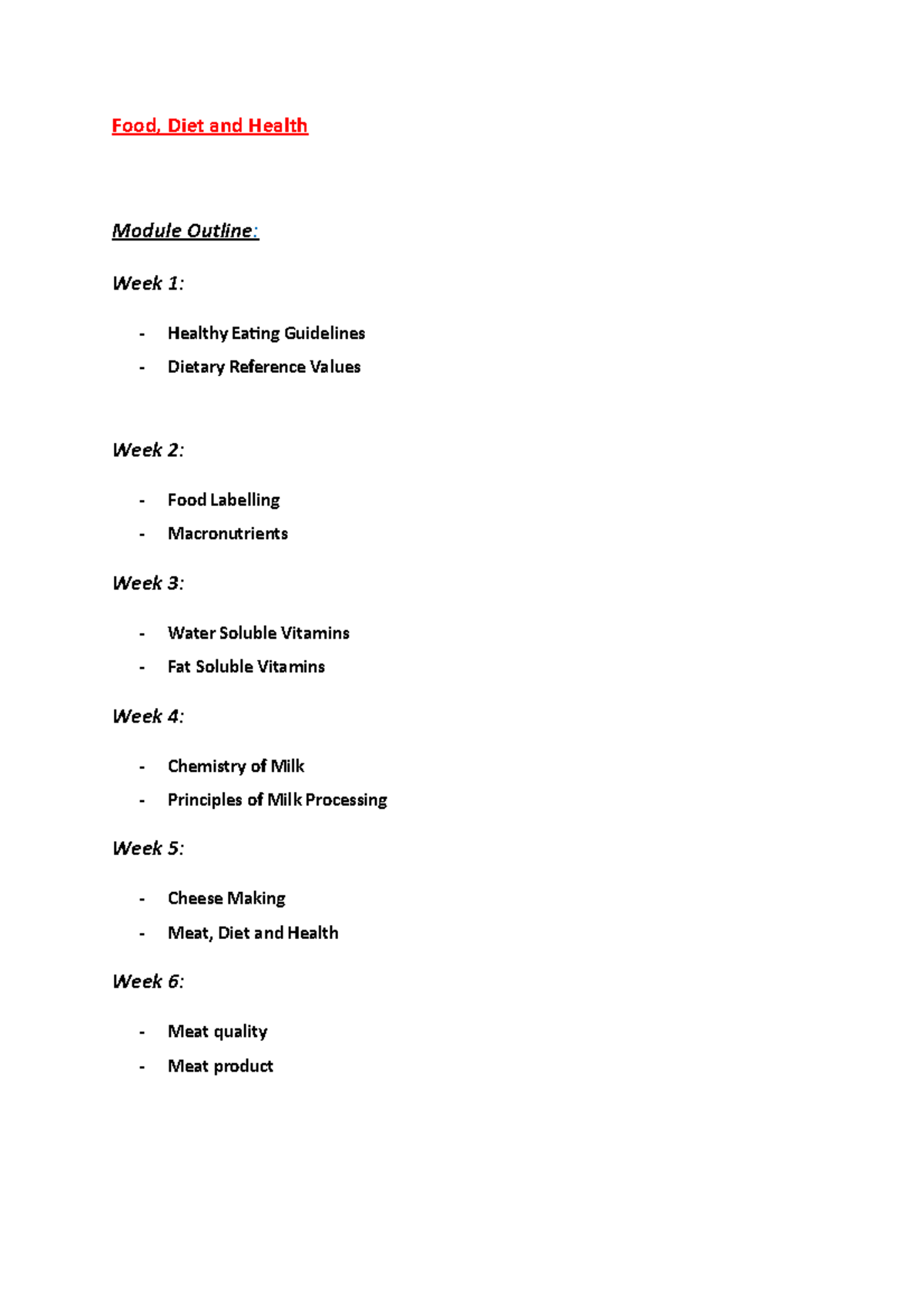 Food, Diet and Health - Lecture Notes (Module Code: FDN101) - Studocu