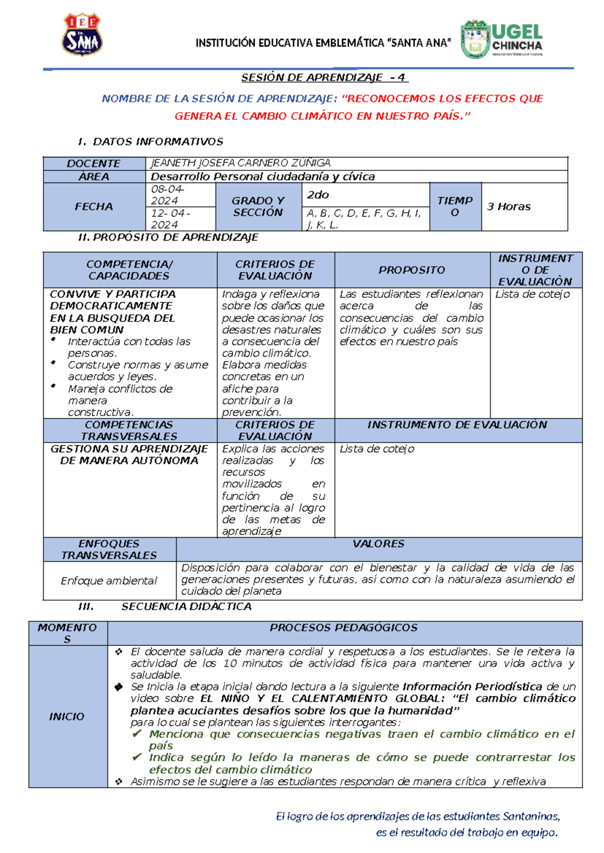 Sesión de Aprendizaje 4: Efectos del Cambio Climático en 2024 - DPCC - Studocu