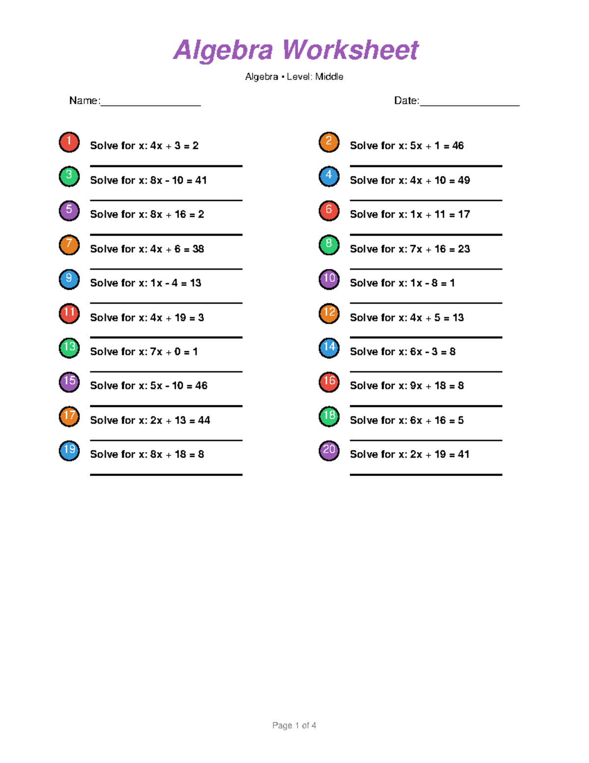 Algebra Worksheet - Middle Level Practice Problems - Studocu