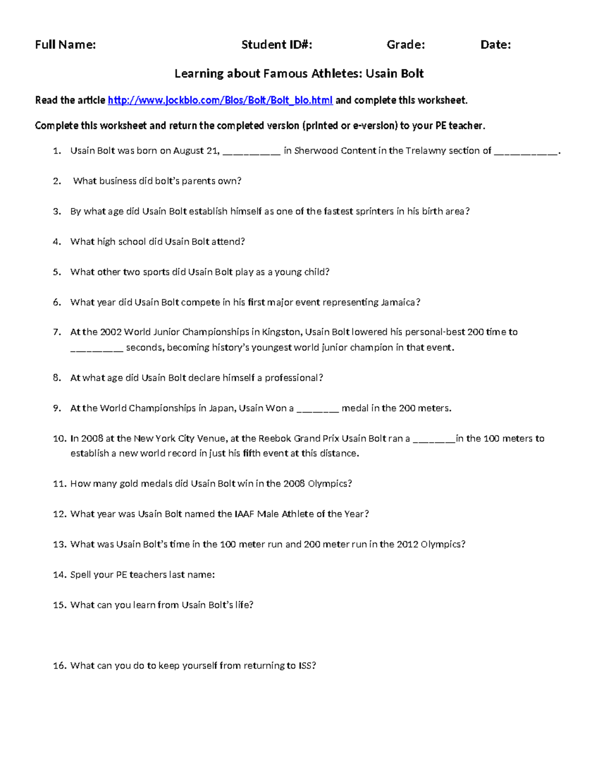 PE 101: Worksheet on Usain Bolt - Learning About Famous Athletes - Studocu