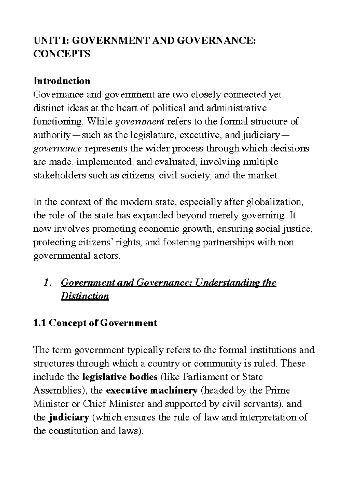 GOVT 101: Unit I - Understanding Government and Governance Concepts ...