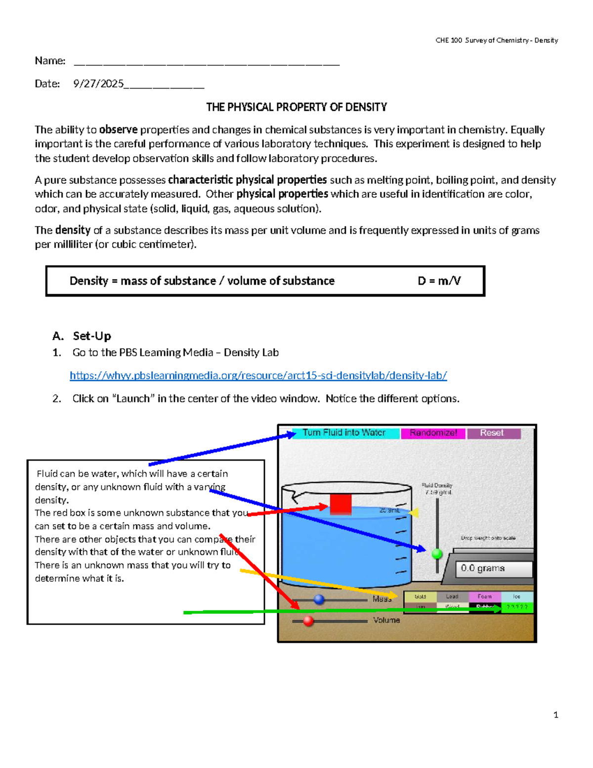 CHE 100 Density Lab Simulation: Exploring Physical Properties - Studocu