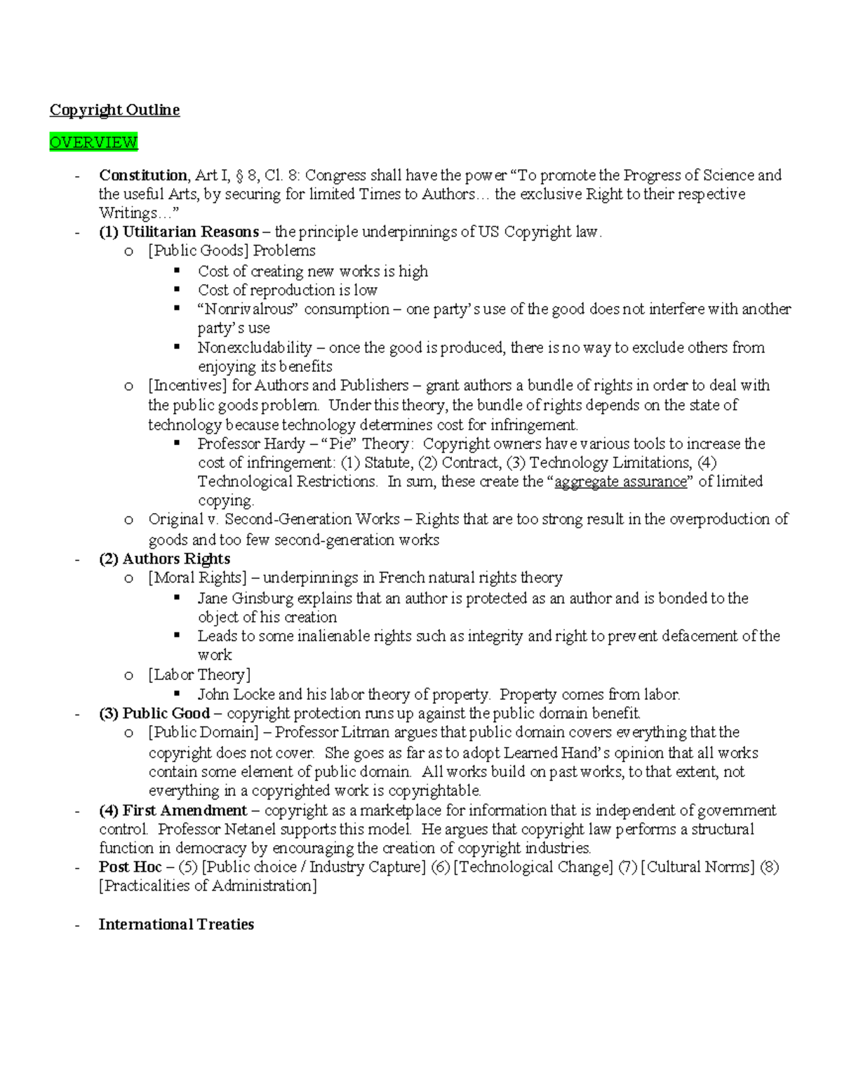 Copyright Outline - Class Notes (LAW 101) - Studocu