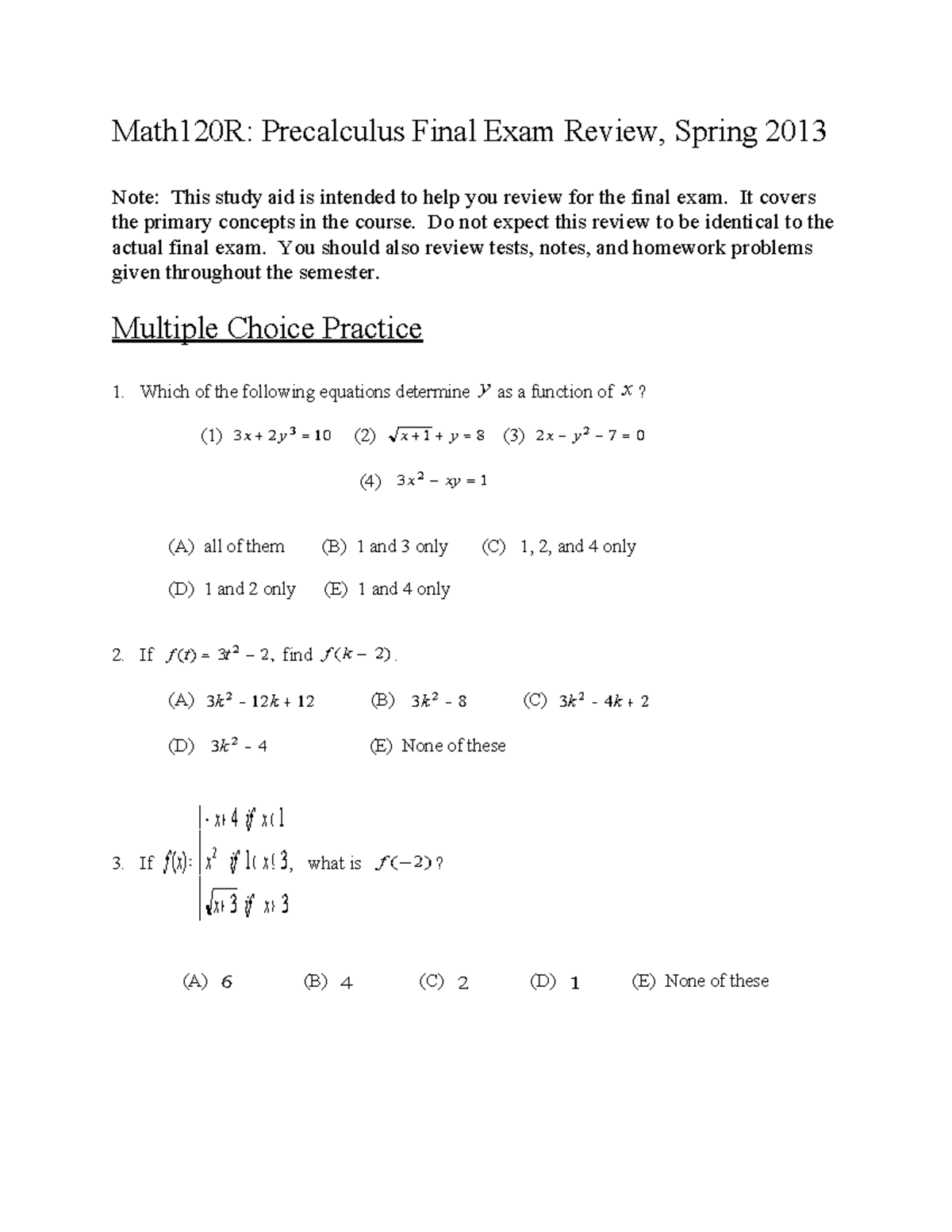 Math 120 Precalculus Final Exam Review Guide, Spring 2013 - Studocu