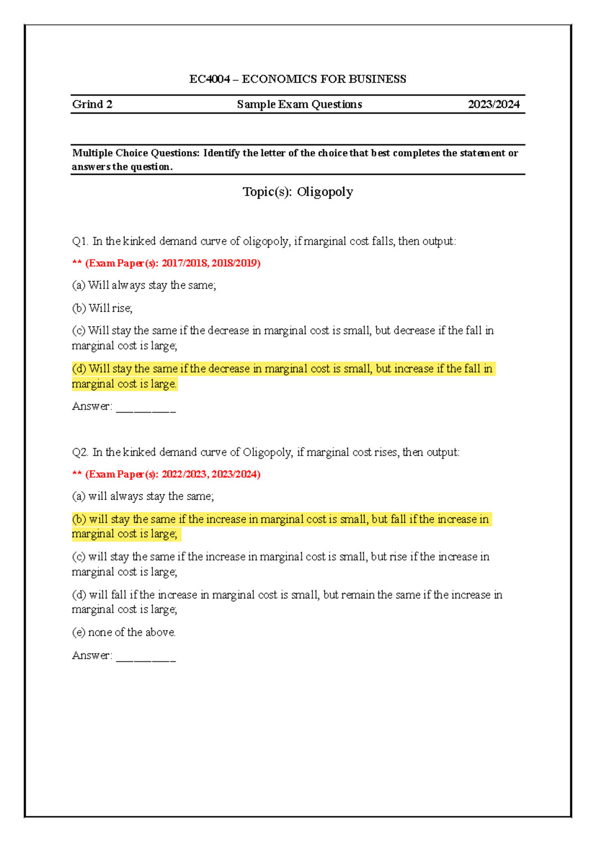 EC4004 Economics for Business: Oligopoly Sample Exam Questions - Studocu