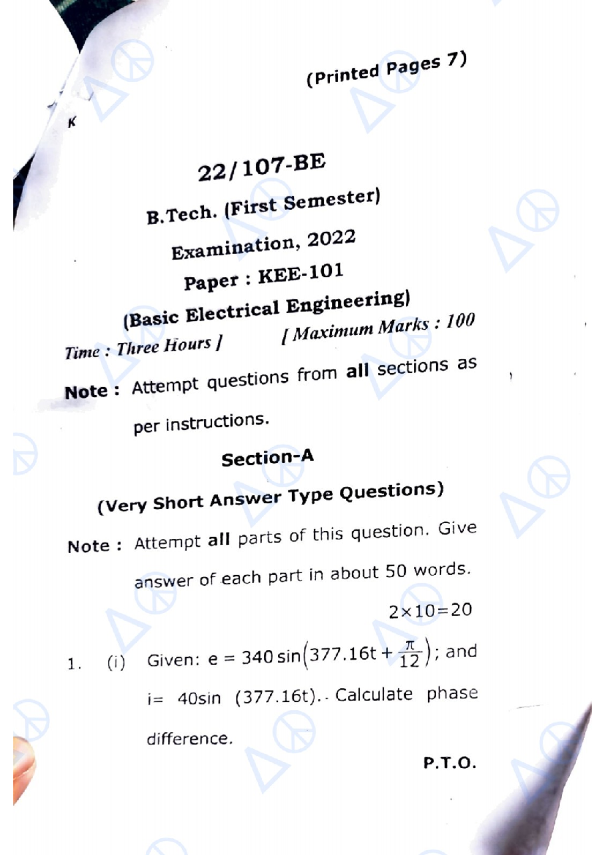 B.Tech. (1st Sem) BEE 2022: Previous Year Questions - Studocu