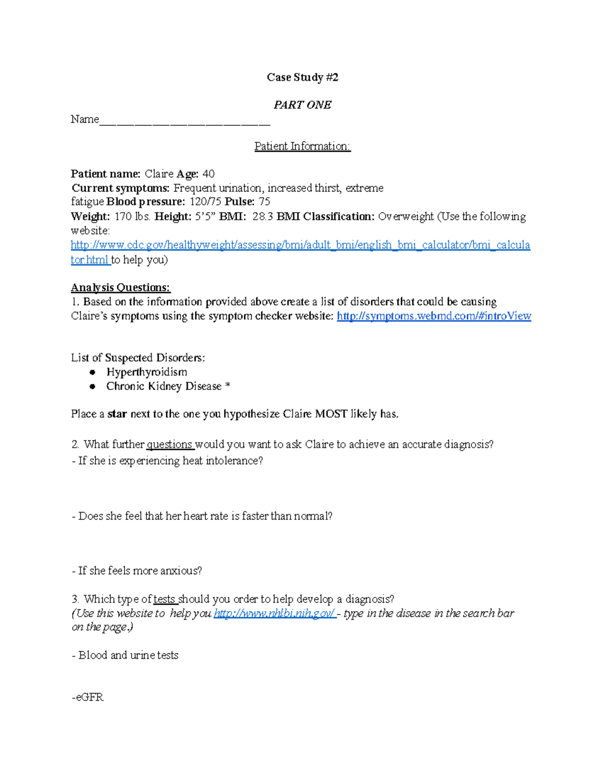 Case Study 2: Patient Analysis and Diagnosis for Claire (Diabetes ...
