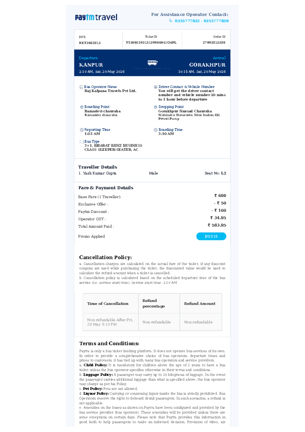 Bus Ticket Confirmation: RKT2663812 - Kanpur to Gorakhpur - Studocu