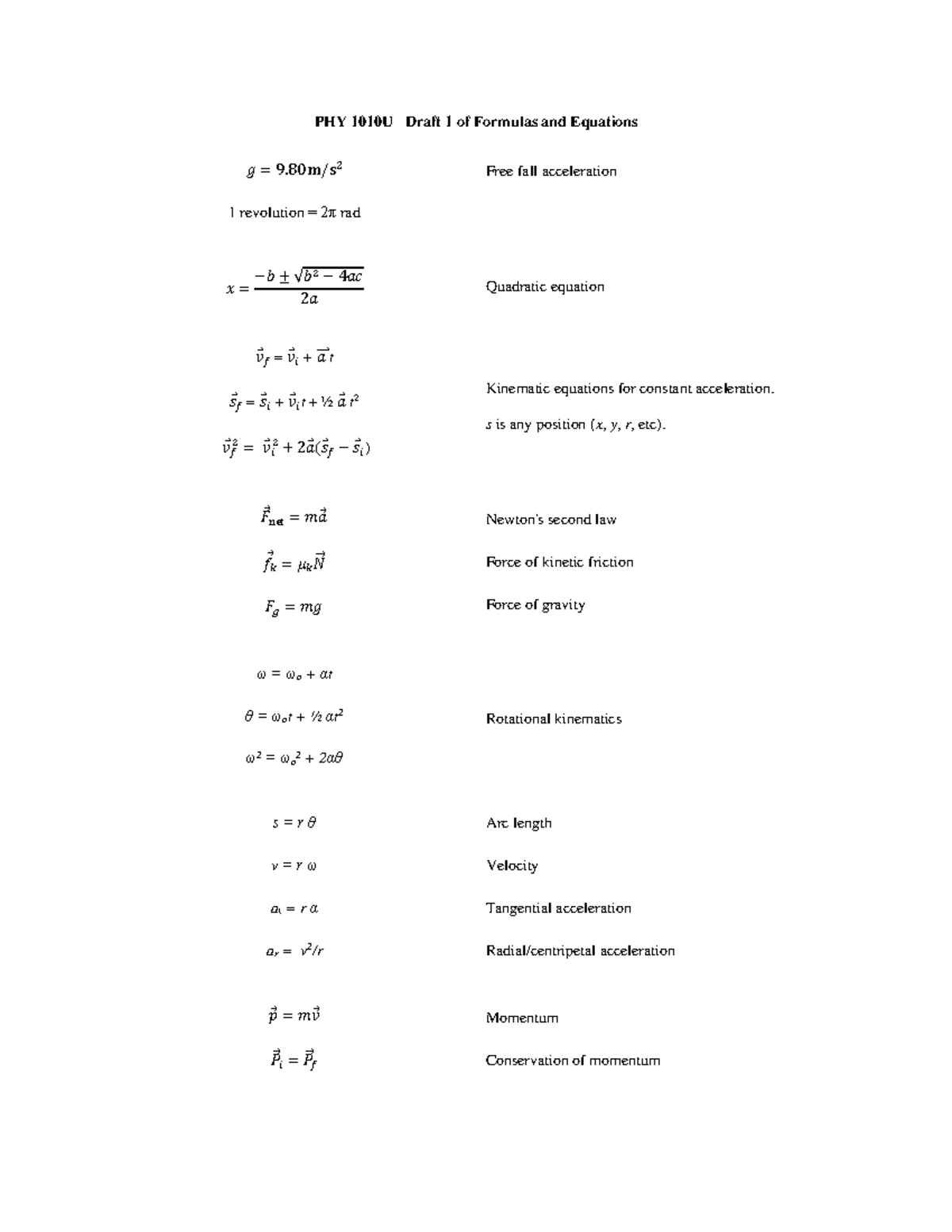 PHY 1010U Final Exam Formula Sheet Draft 1: Key Equations & Concepts ...
