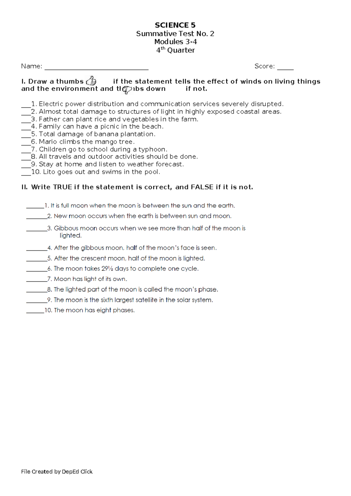 Science 5 summative test no. 2 modules 4th quarter assessment - Studocu