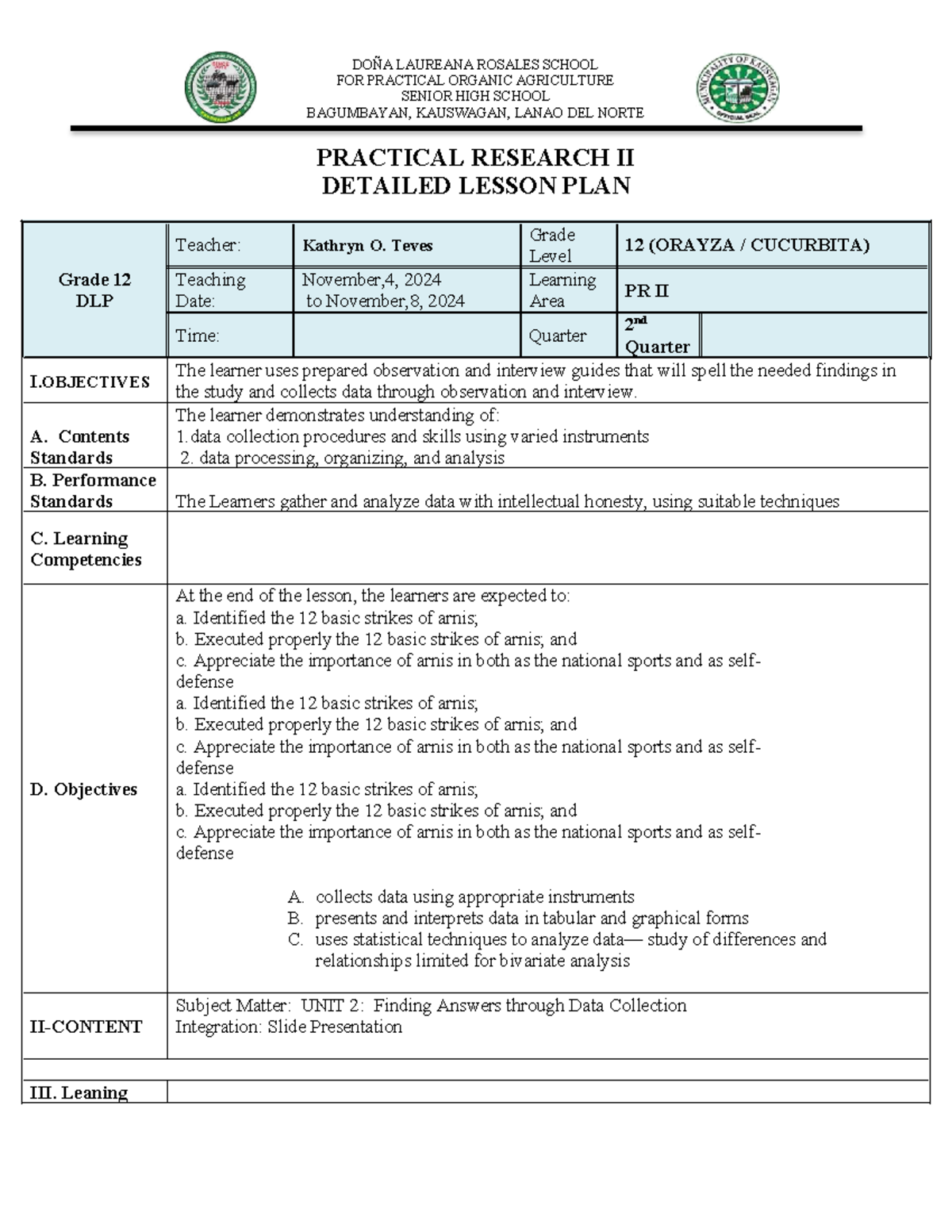 Grade 12 PR II Detailed Lesson Plan: Data Collection Techniques - Studocu