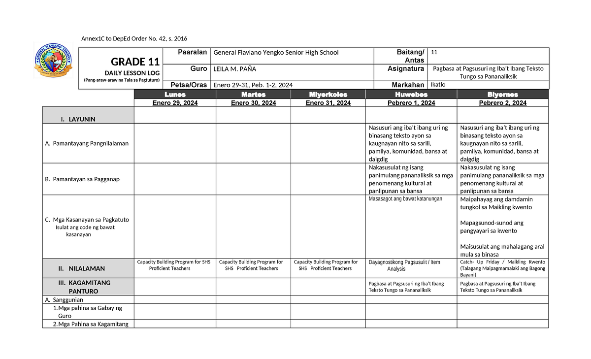 DLL Pagbasa Q3 W1 - dll weeek1 q3 - Annex1C to DepEd Order No. 42, s ...