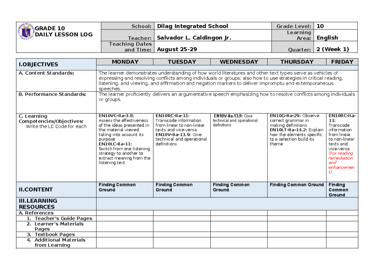 GRADE 10 ENGLISH DAILY LESSON LOG (Quarter 2, Weeks 1-7) - Studocu