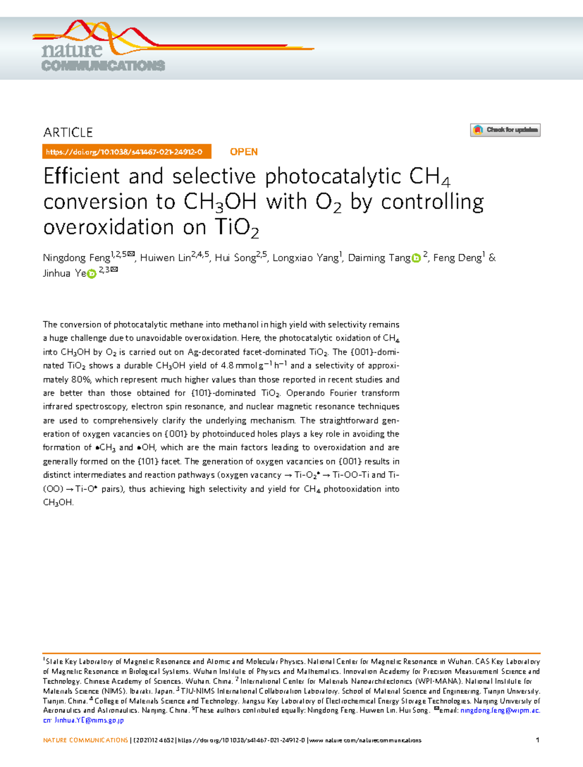 Efficient Photocatalytic CH4 to CH3OH Conversion on TiO2 {001} Facets ...