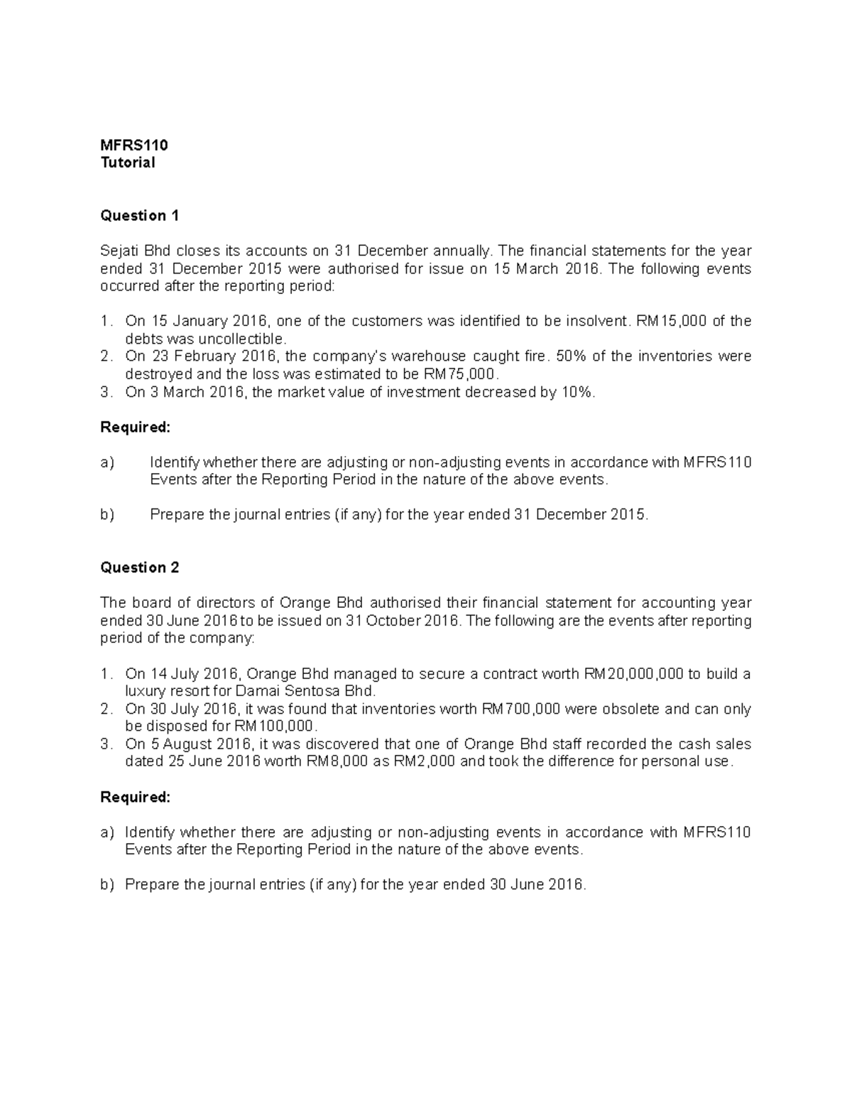 MFRS110 Tutorial: Events After Reporting Period Analysis and Journal ...
